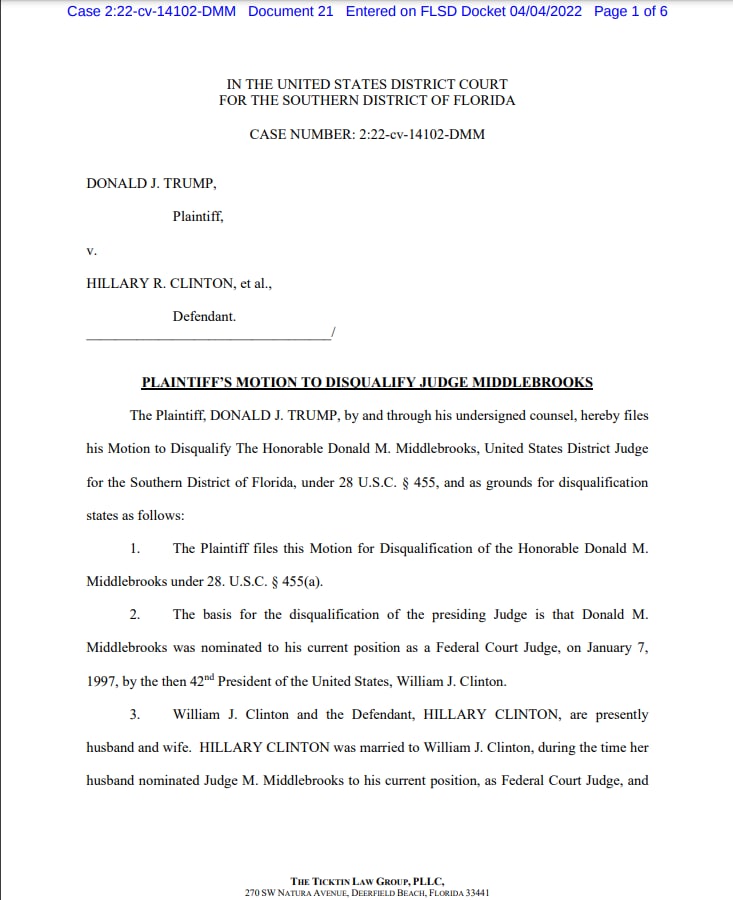 Trump files motion to have Judge Middlebrooks disqualified from civil ...