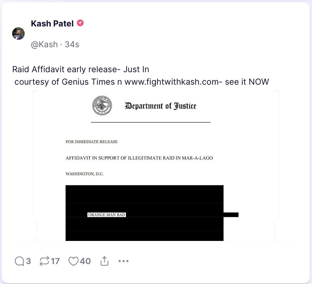 Kash Patel posts at TRUTH – The Radio Patriot