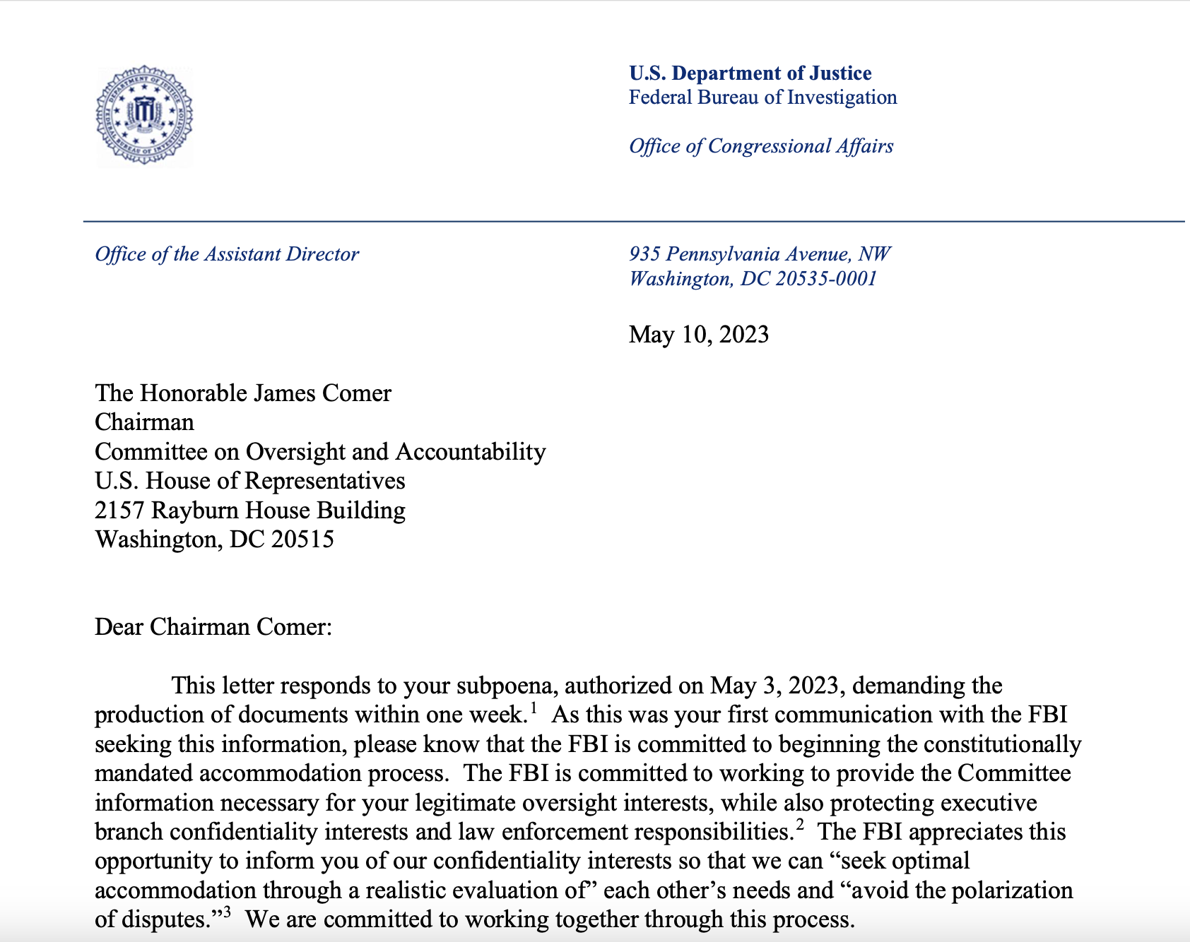 FBI LETTER TO REP. JAMES COMER – The Radio Patriot