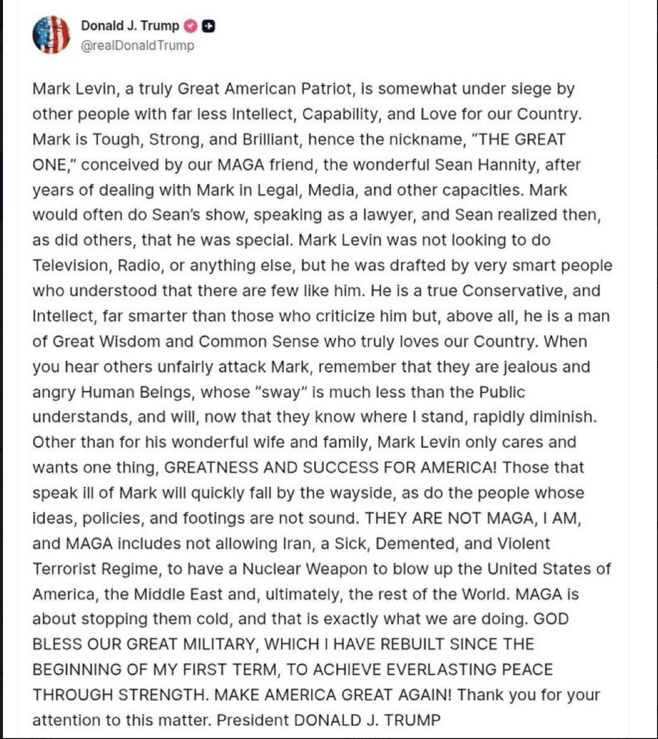 Trump defends Mark Levin – The Radio Patriot